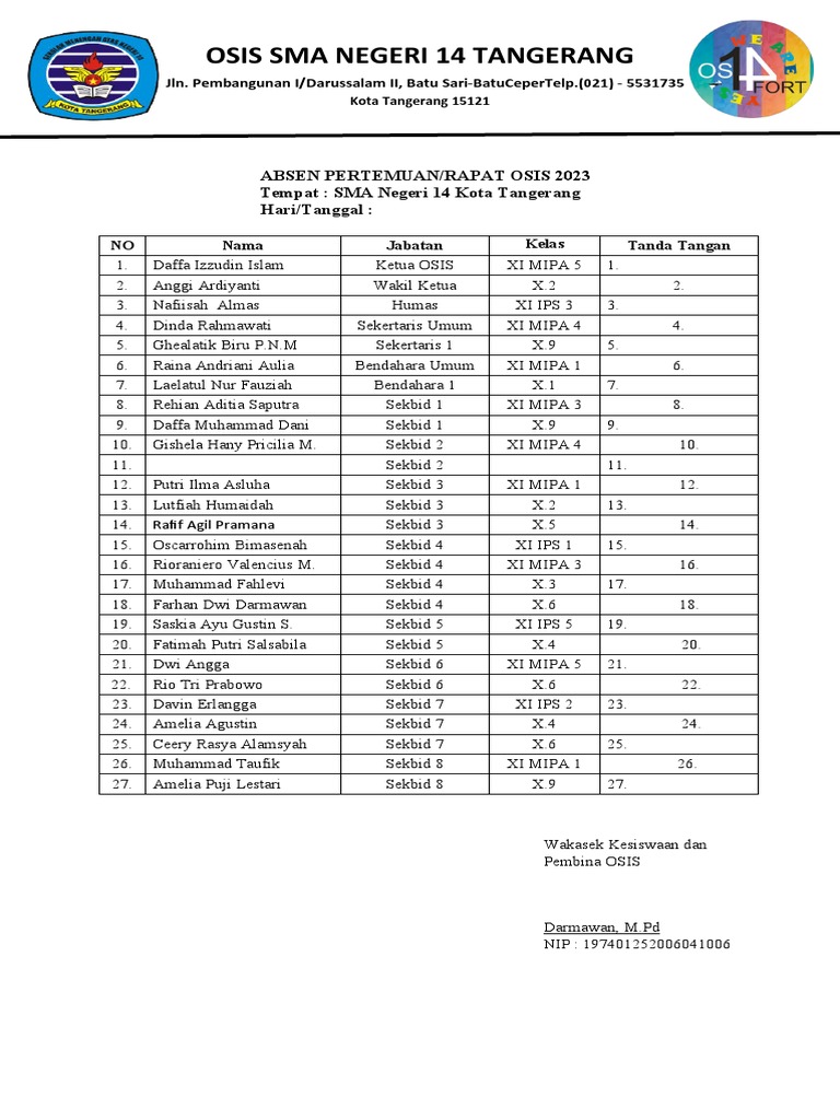 Absen Rapat OSIS SMA 14 Tangerang 2023 | PDF