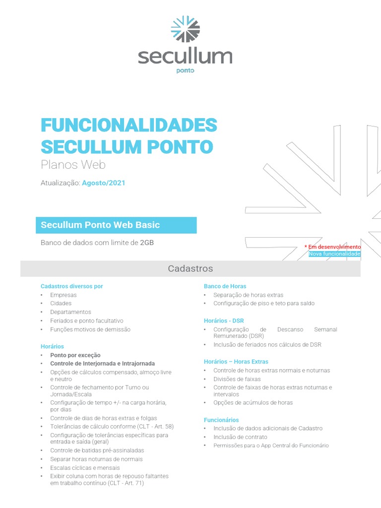 Lista de Funcionalidades SecullumPontoWeb | PDF | Hora extra | Informática