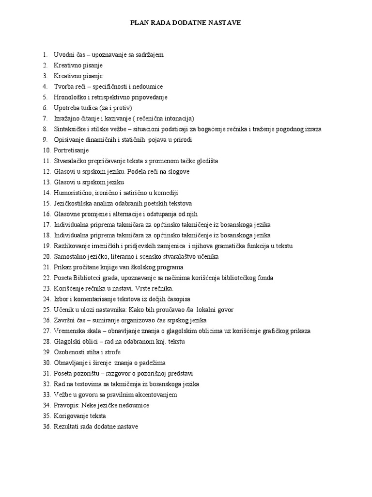 Plan Rada Dodatne Nastave | PDF
