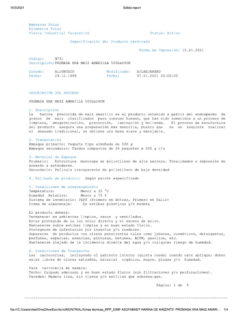 Ficha Tecnica Promasa - 500g | PDF