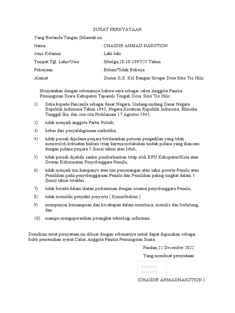 Surat Pernyataan Calon Anggota PPS | PDF