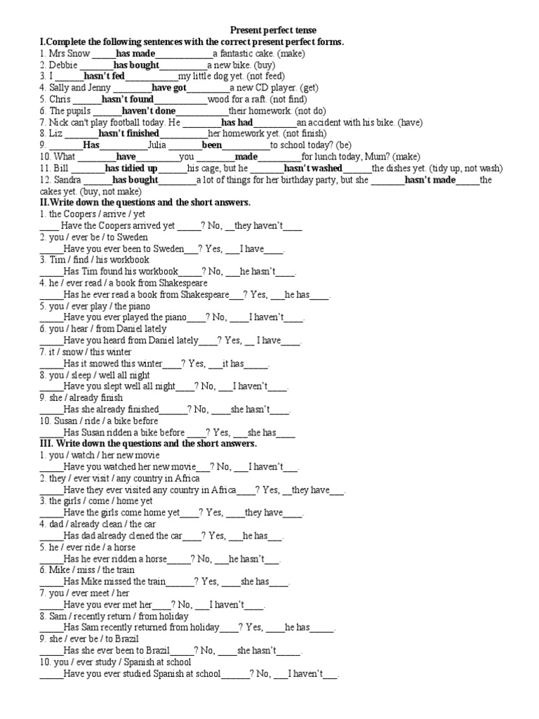 Exercises Present Perfect Tense | PDF