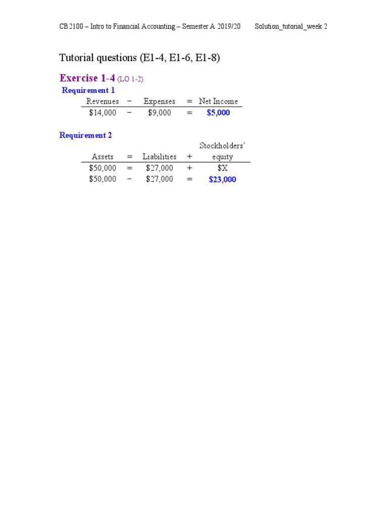 Week 1 Topic Tutorial Solutions CB2100 - 1920A | PDF | Equity (Finance) | Financial Accounting