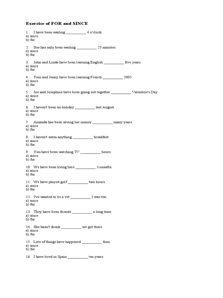 Exercise Of For And Since Pdf