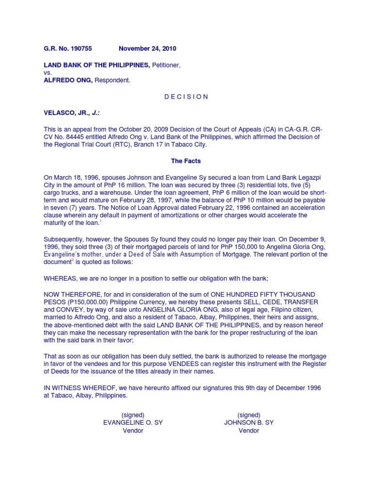 Land Bank of The Philippines VS Ong | PDF | Forbearance | Lawsuit
