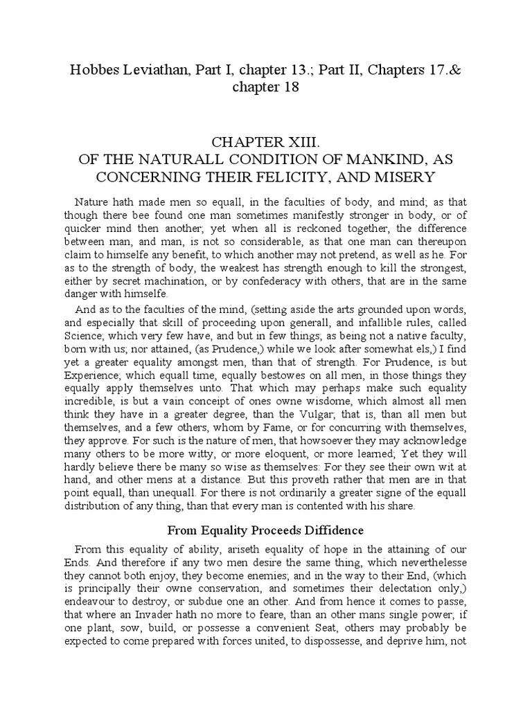 Hobbes Leviathan, Part I, Chapter 13. Part II, Chapters 17.& Chapter 18 ...