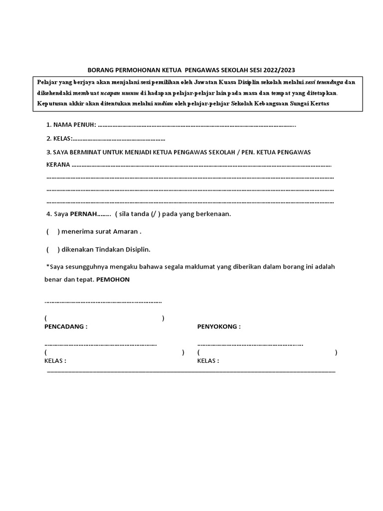 Borang Permohonan Ketua Pengawas Sekolah Sesi 2022 | PDF