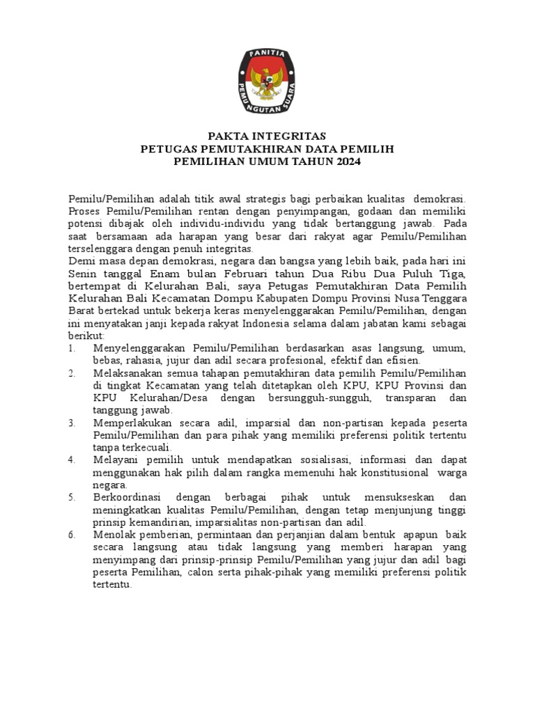 Pakta Integritas Pantarlih | PDF
