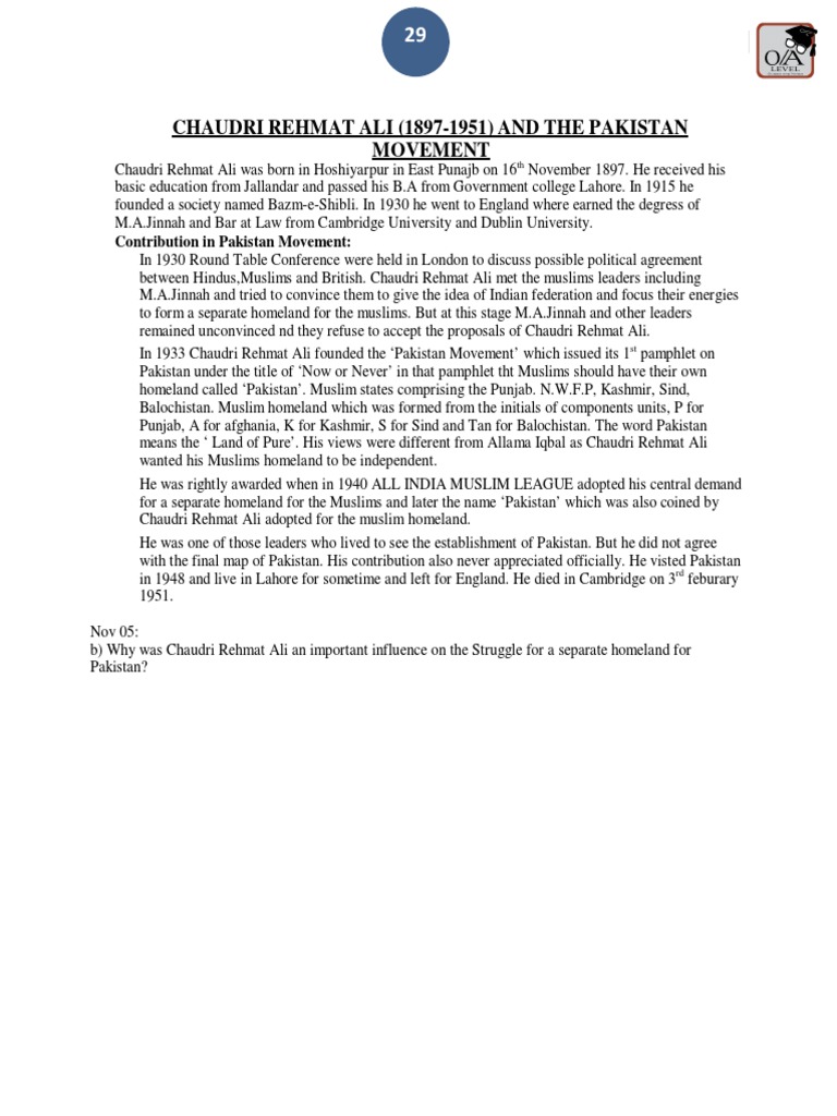 Chaudri Rehmat Ali (1897-1951) and The Pakistan Movement | PDF | Travel