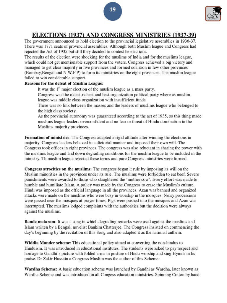 Elections (1937) and Congress Ministries (1937-39) | PDF | Muhammad Ali ...
