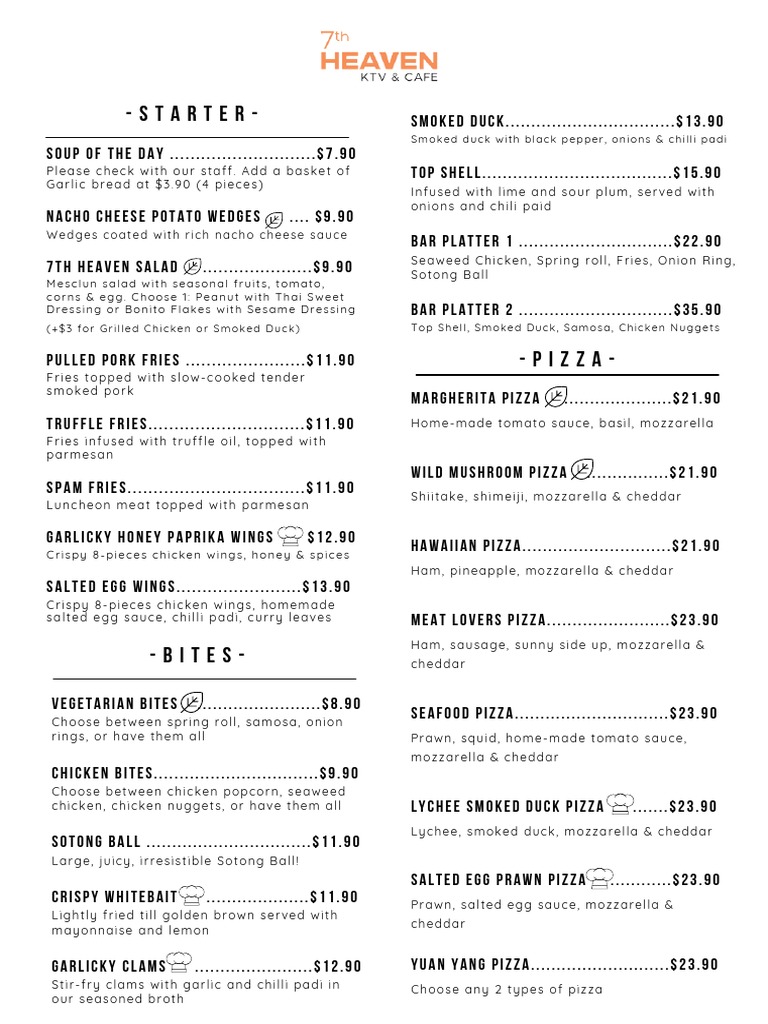 7th Heaven Cafe Menu Overview | PDF | Food And Drink | Western Cuisine