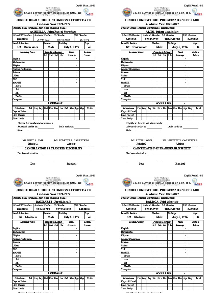 Grade 9 CARD AY 2021 22 | Download Free PDF | Philippines