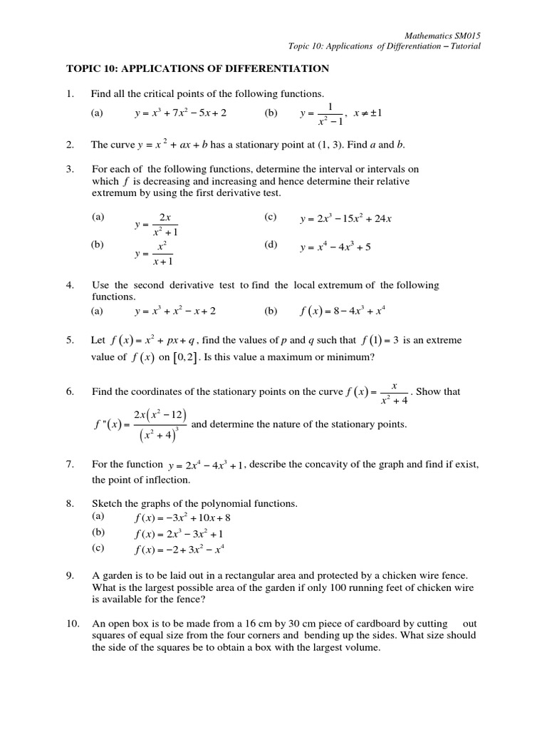 Topic 10 - Tutorial Student SM015 2022-2023 | PDF | Maxima And Minima ...