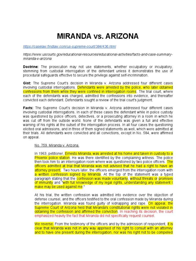 Miranda Vs Arizona - CD | PDF | Miranda V. Arizona | Fifth Amendment To ...