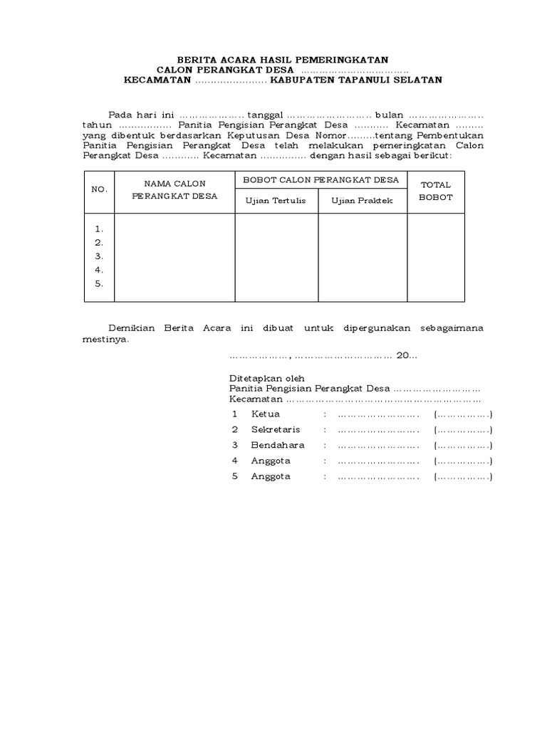 Hasil Pemeringkatan Perangkat Desa Tapanuli | PDF