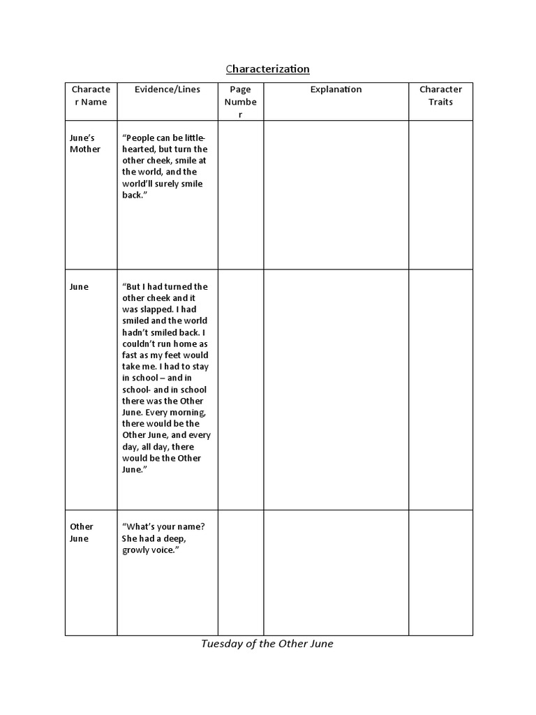Character Analysis of "Tuesday of the Other June" | PDF