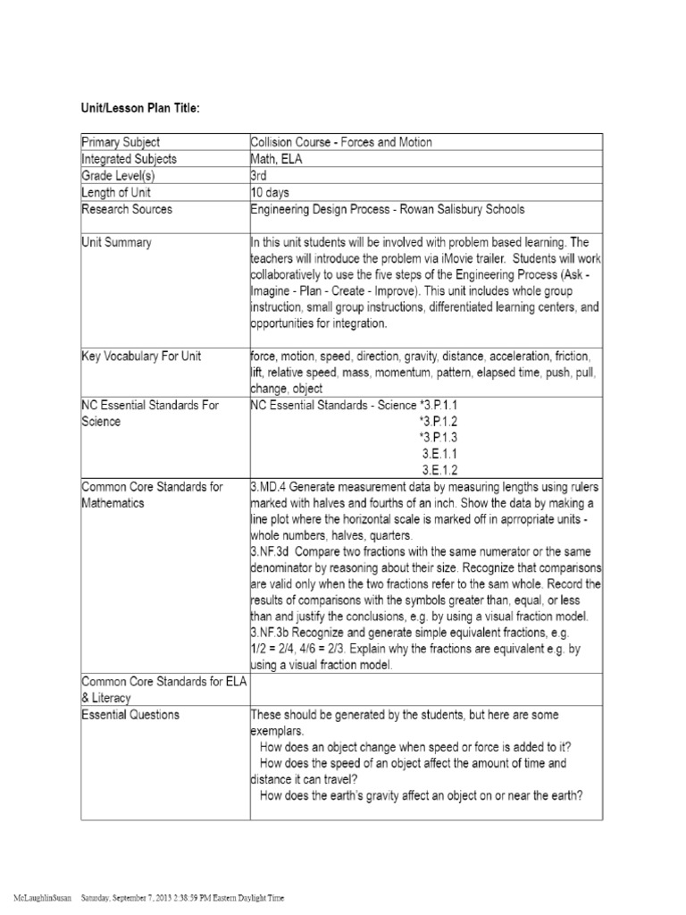 Unit - Lesson Plan - Collision - Forces and Motion Integrated Subjects | PDF