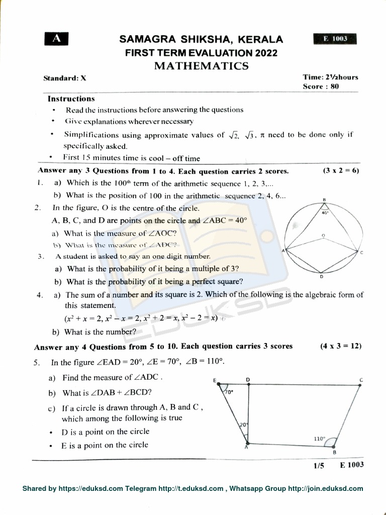 STD X Maths Mal QP First Term 2022 | PDF | Circle | Triangle