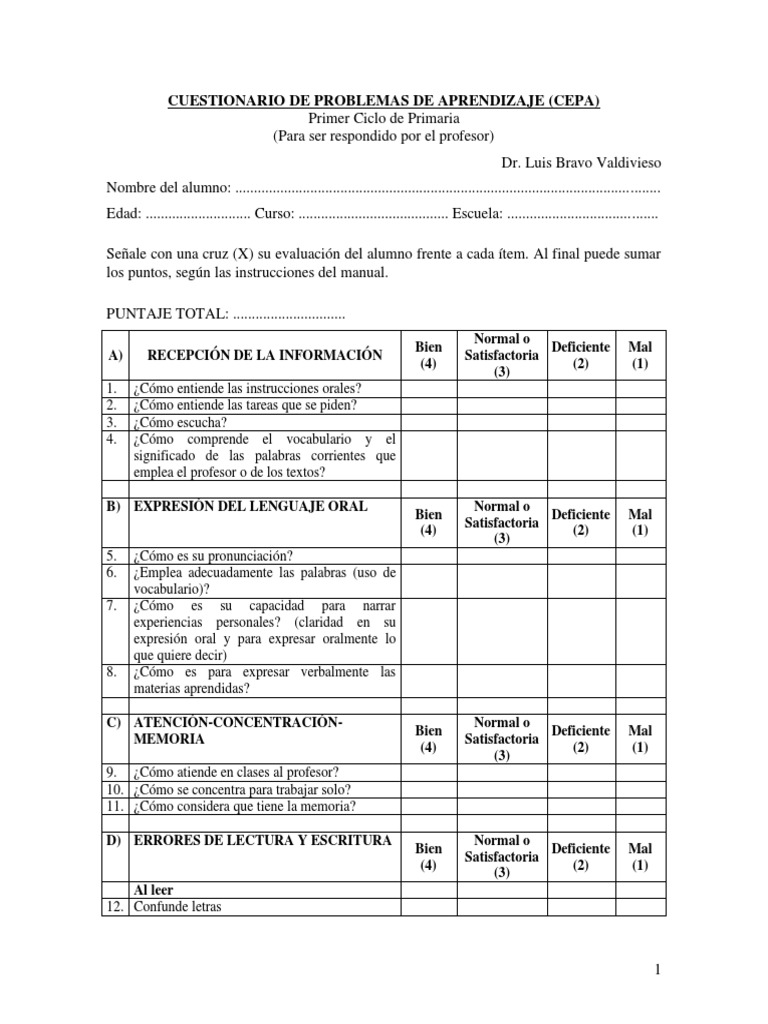 Cuestionario CEPA | PDF | Memoria | Evaluación