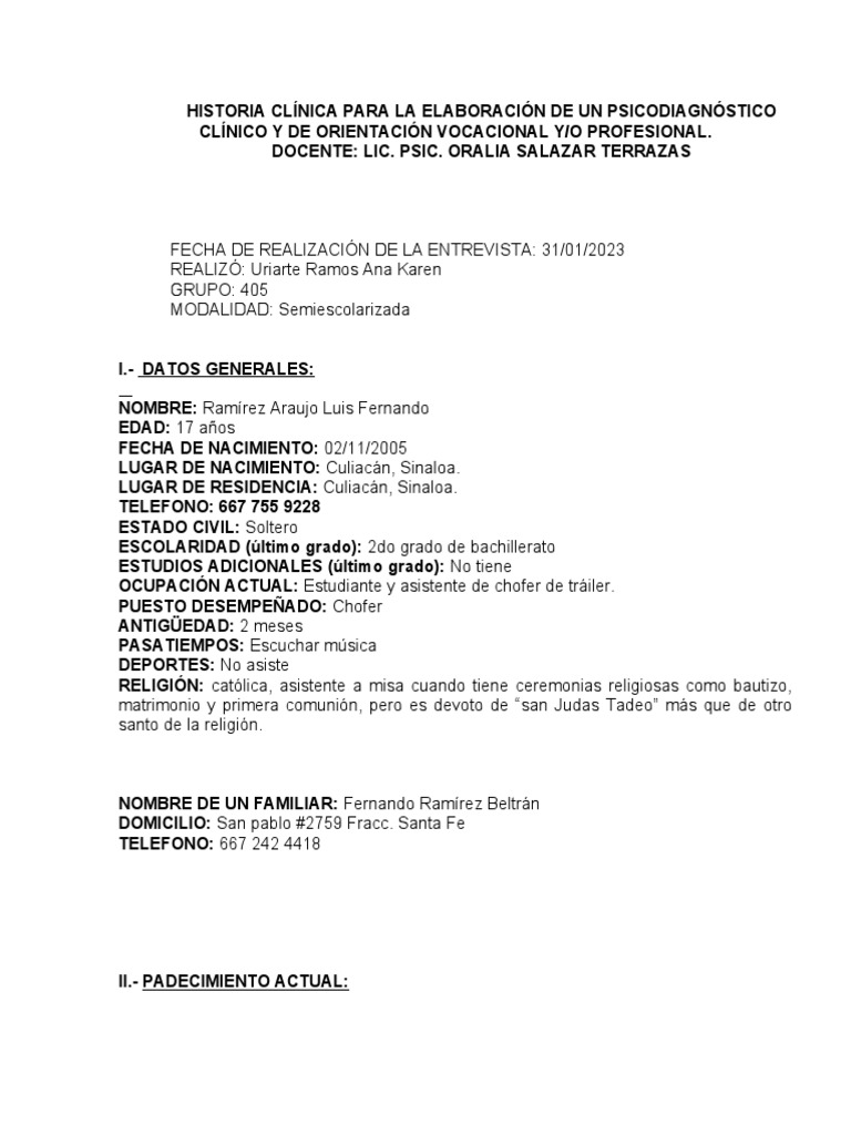 Historia Clinica Completa y Examen Mental | PDF | Parto | El embarazo