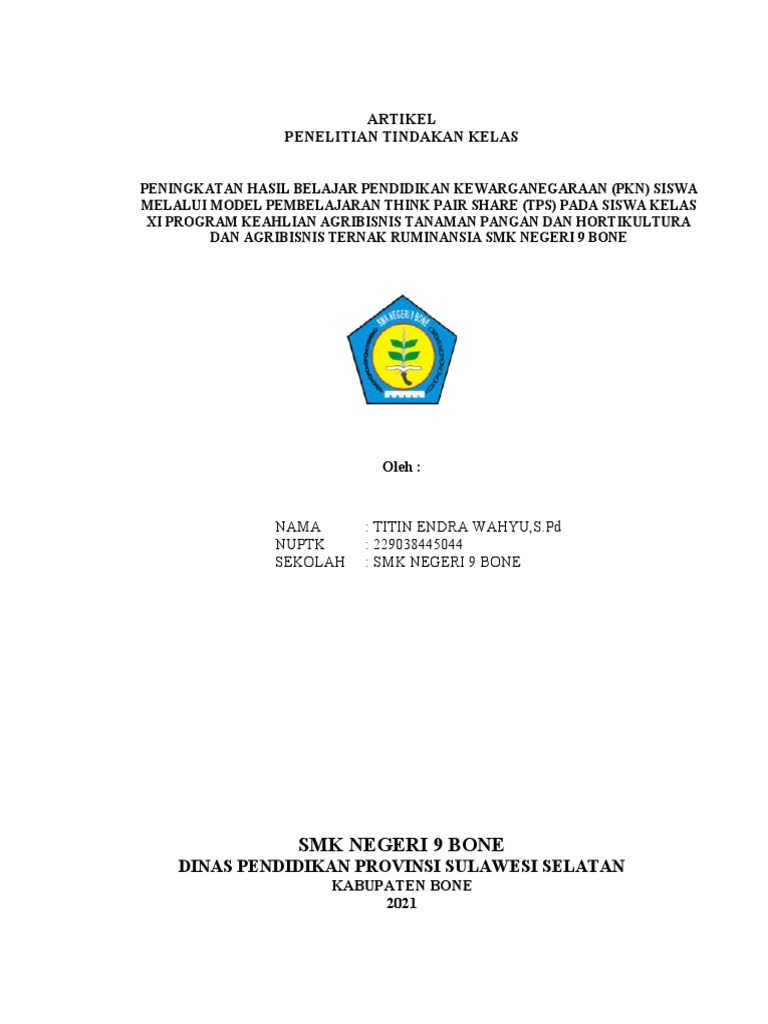 Artikel Penelitian Tindakan Kelas: SMK Negeri 9 Bone | PDF | Karier ...
