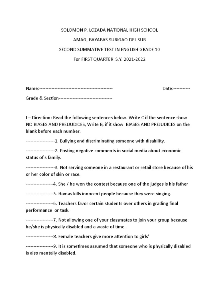 Second Summative Test G10 English First Quarter S.Y. 21-22 | Download ...