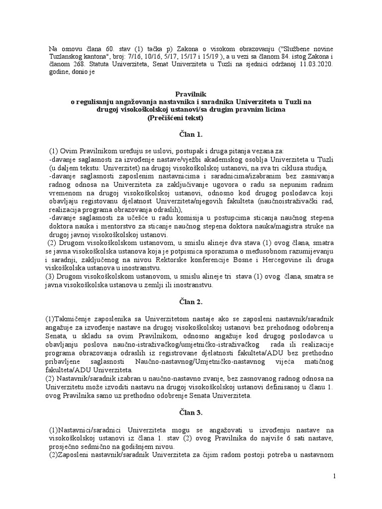 Pravilnik o Regulisanju Angazovanja Nastavnika I Saradnika UNTZ Na ...