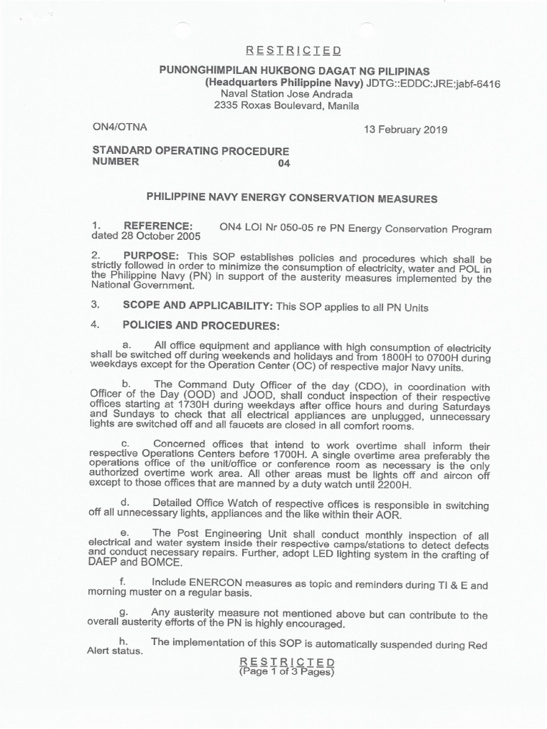 SOP NR 04 (Re Philipine Navy Energy Conservation Measures | PDF