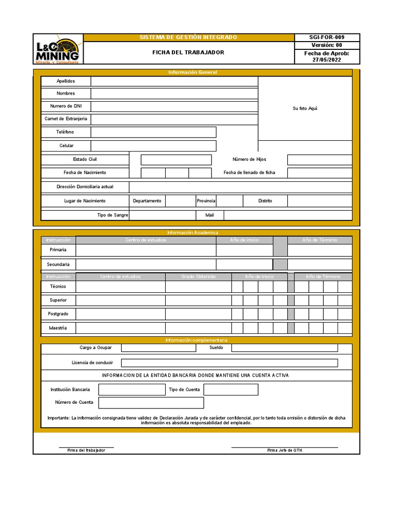 Sgi-For-009 Ficha Del Trabajador | PDF