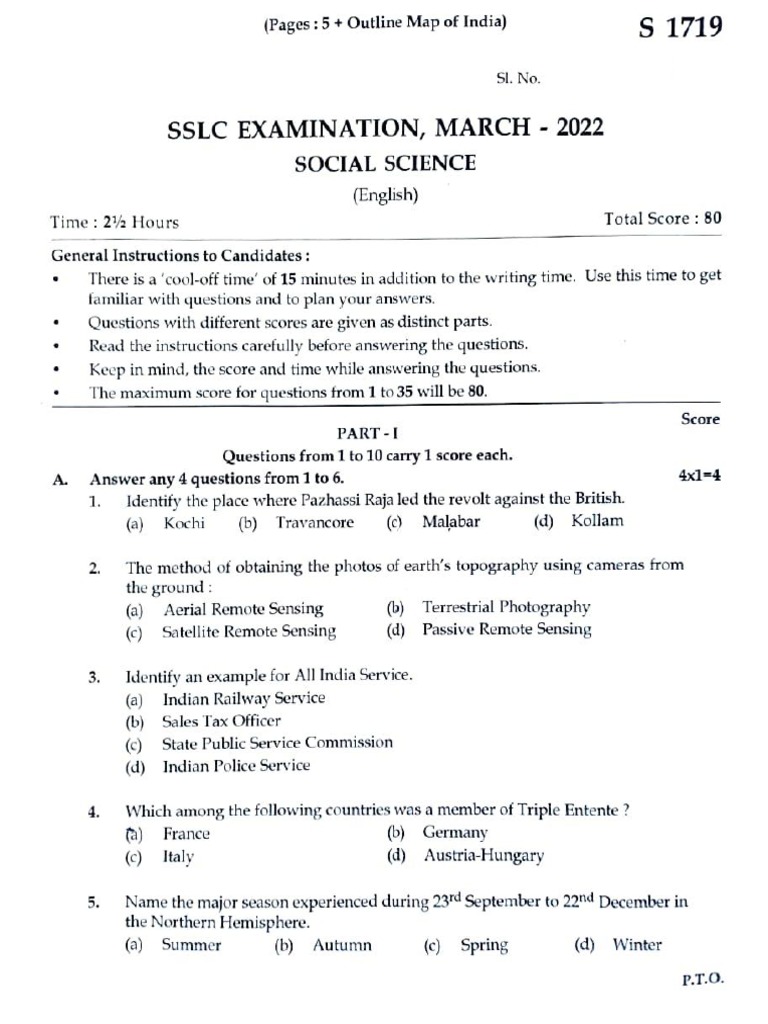 SSLC Examination - 2022 Social Science (EM) Question Paper | PDF