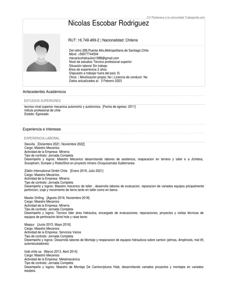 CV Nicolas Escobar Rodriguez | PDF | Minería | Chile