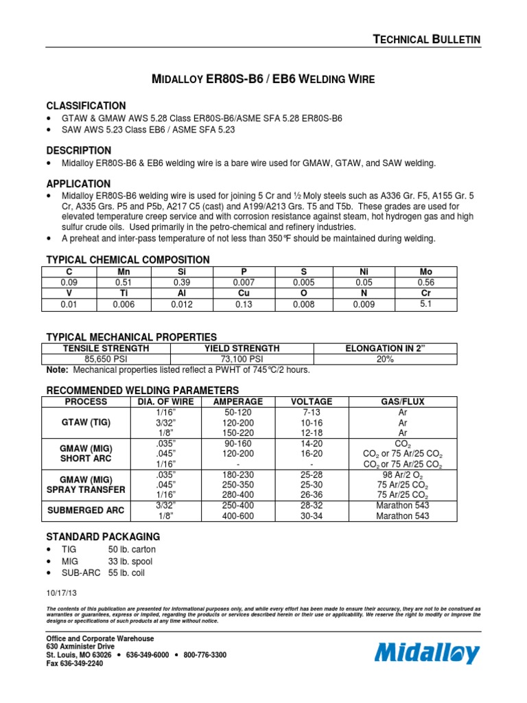 Technical Bulletin: Midalloy ER80S-B6 / EB6 Welding Wire - Properties ...