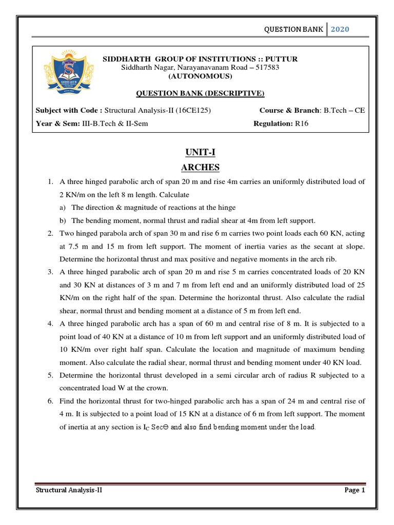 Structural Analysis II Question Bank | PDF | Bending | Beam (Structure)