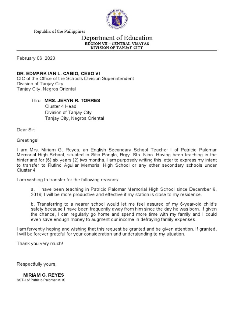 Intent to Transfer Schools Request | PDF