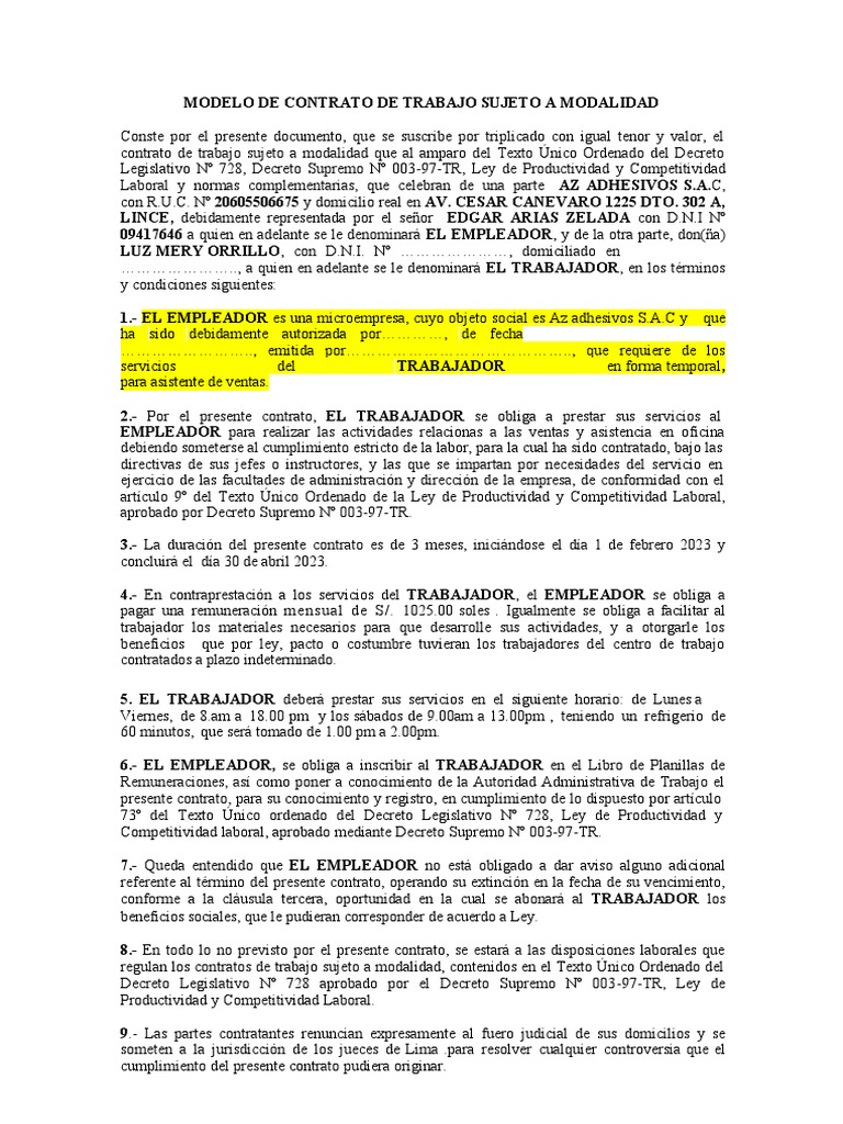 Modelo de Contrato de Trabajo Sujeto A Modalidad | PDF