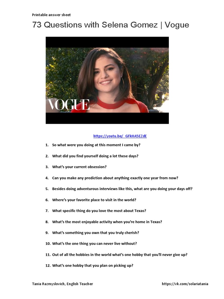 73 Questions With Selena Gomez - Vogue: Printable Answer Sheet | PDF