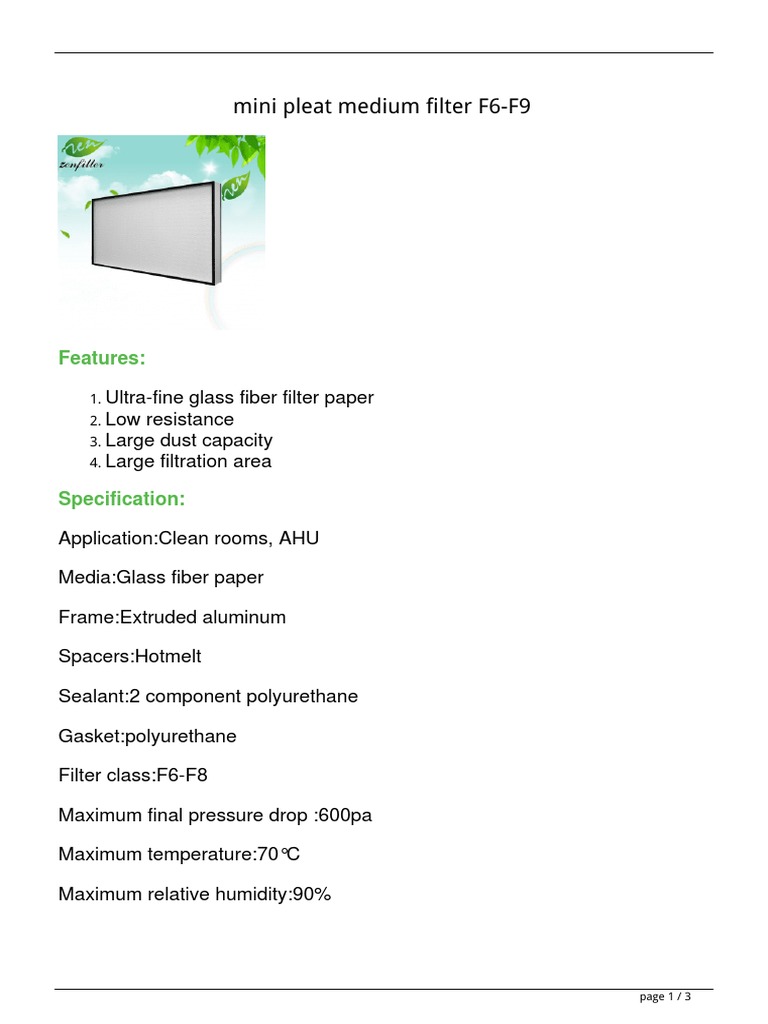 Mini Pleat Medium Filter f6 f9 | PDF | Filtration | Building Engineering