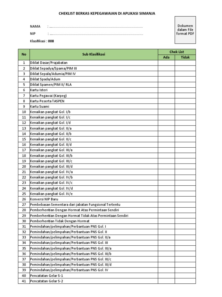 Checklist Berkas Kepegawaian SIMANJA | PDF