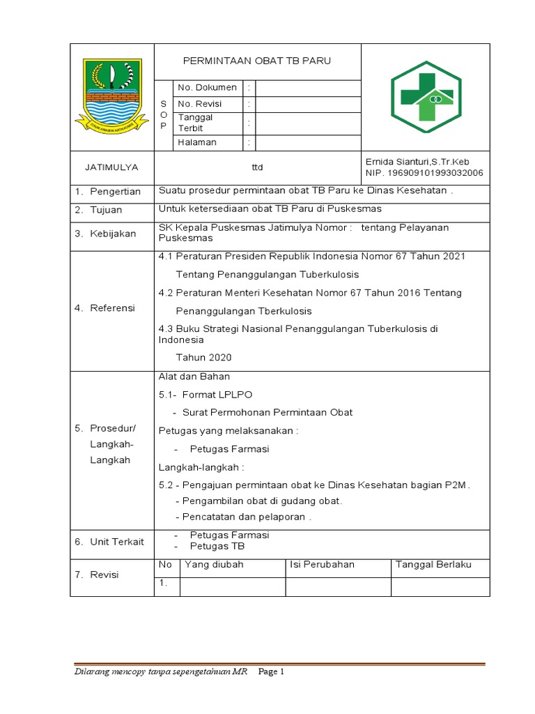 Sop Pengambilan Obat Tb 2022 Pdf
