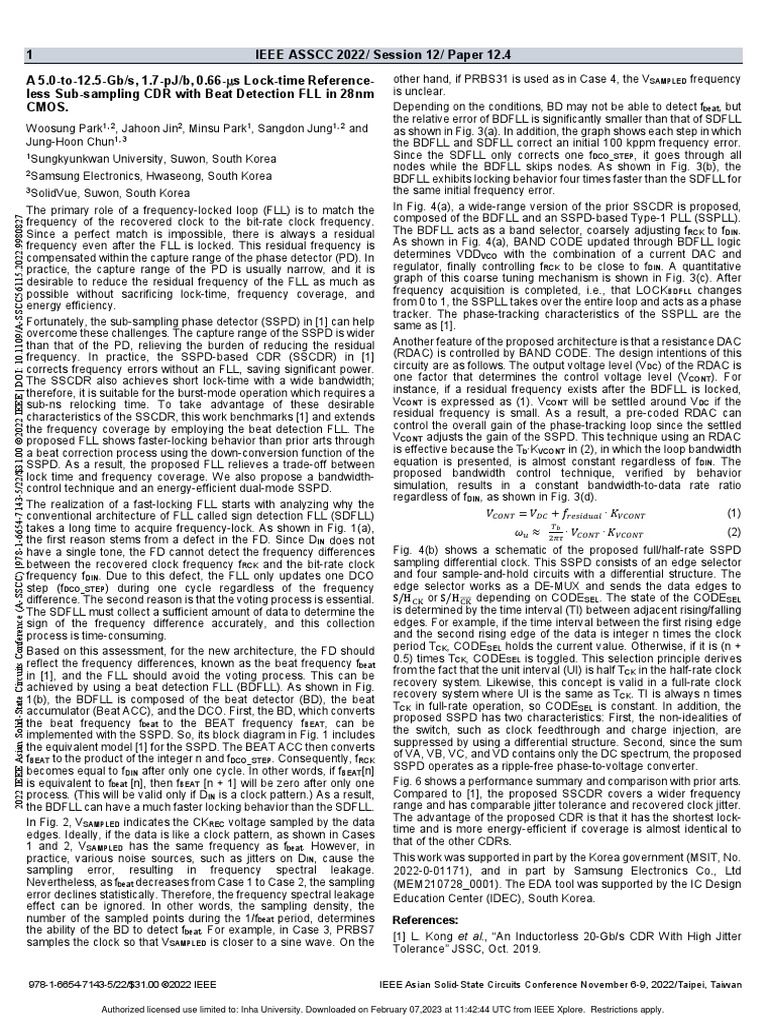 A 5.0-To-12.5-Gb S 1.7-pJ B 0.66-s Lock-Time Reference-Less Sub-Sampling CDR With Beat Detection ...