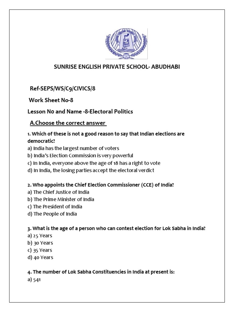 Class 9 Electoral Politics Worksheet | PDF | Elections | Voting