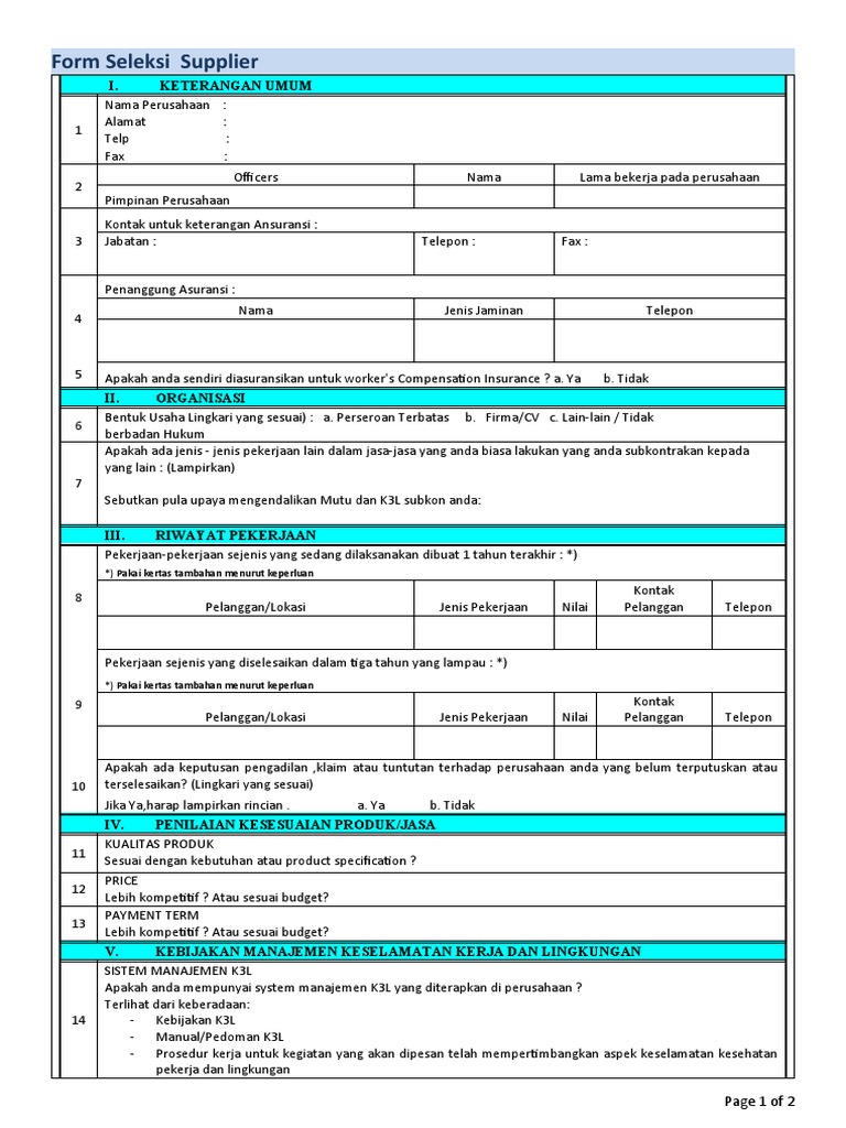 Contoh Form - Seleksi Dan Evaluasi Supplier | PDF