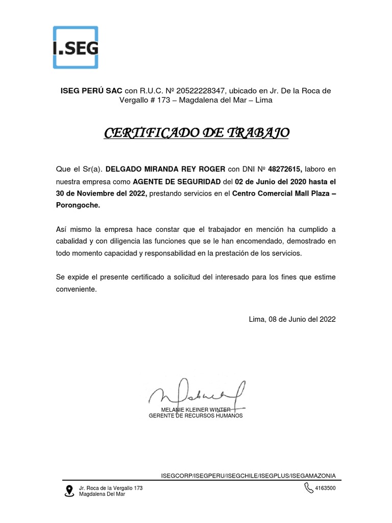 Certificado de Trabajo: ISEG PERÚ SAC Con R.U.C. #20522228347, Ubicado en Jr. de La Roca de | PDF