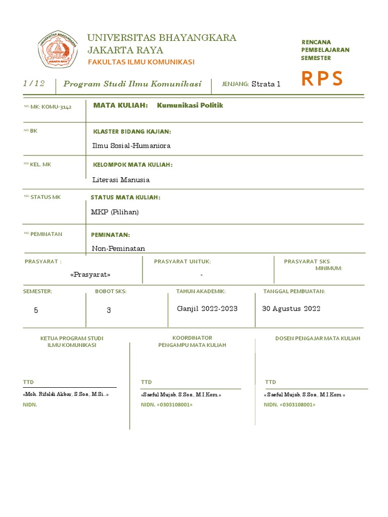 RPS Mata Kuliah Komunikasi Politik | PDF | Ilmu Sosial | Seni