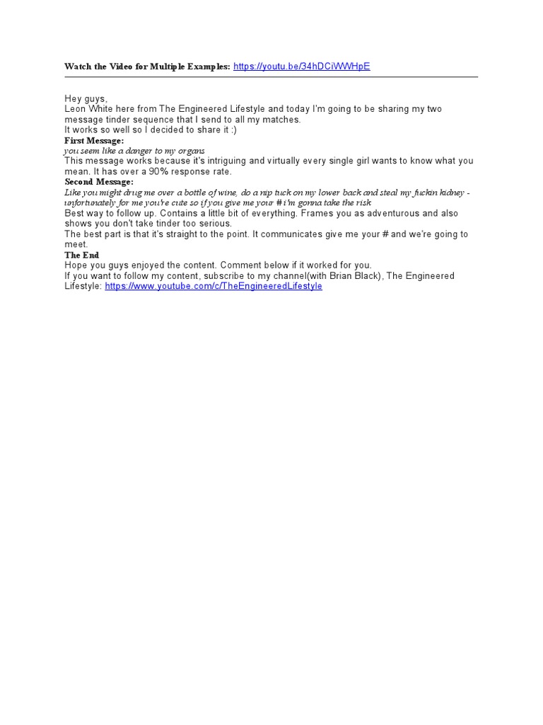 Two Message Tinder Sequence Guarantees Dates | PDF