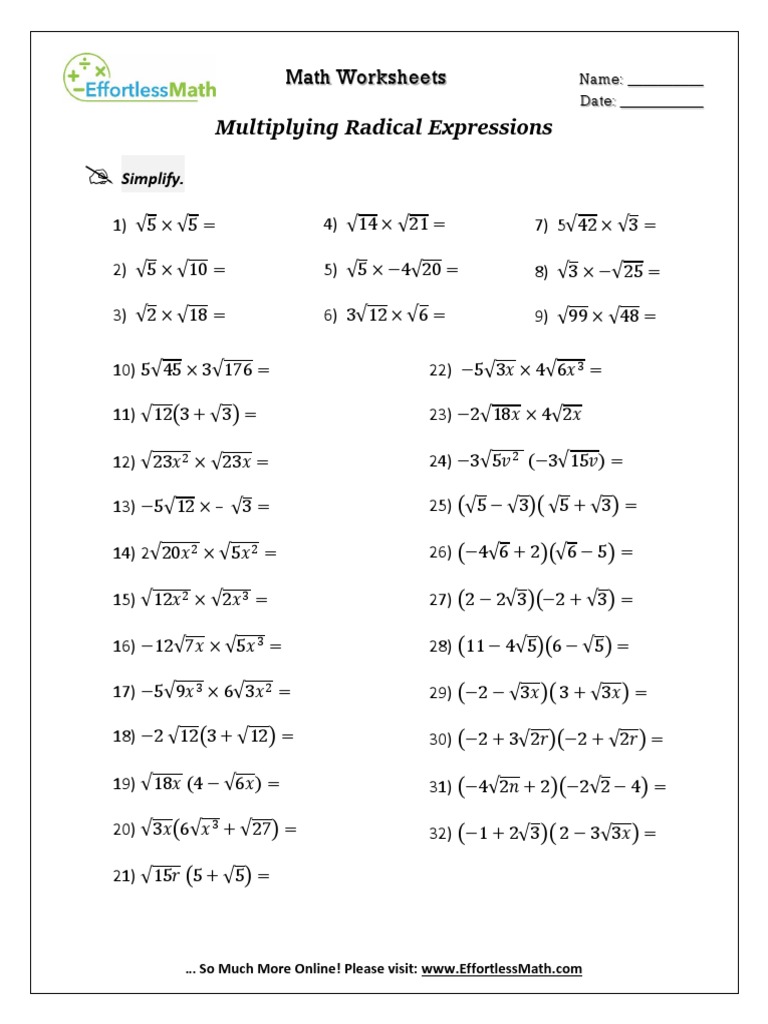 Multiplying-Radical-Expressions Worksheet | PDF