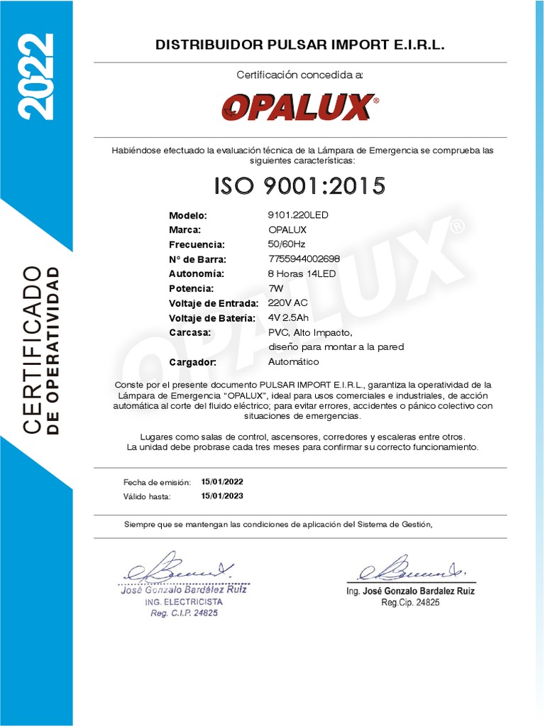 9101.220led Certificado Opalux | PDF