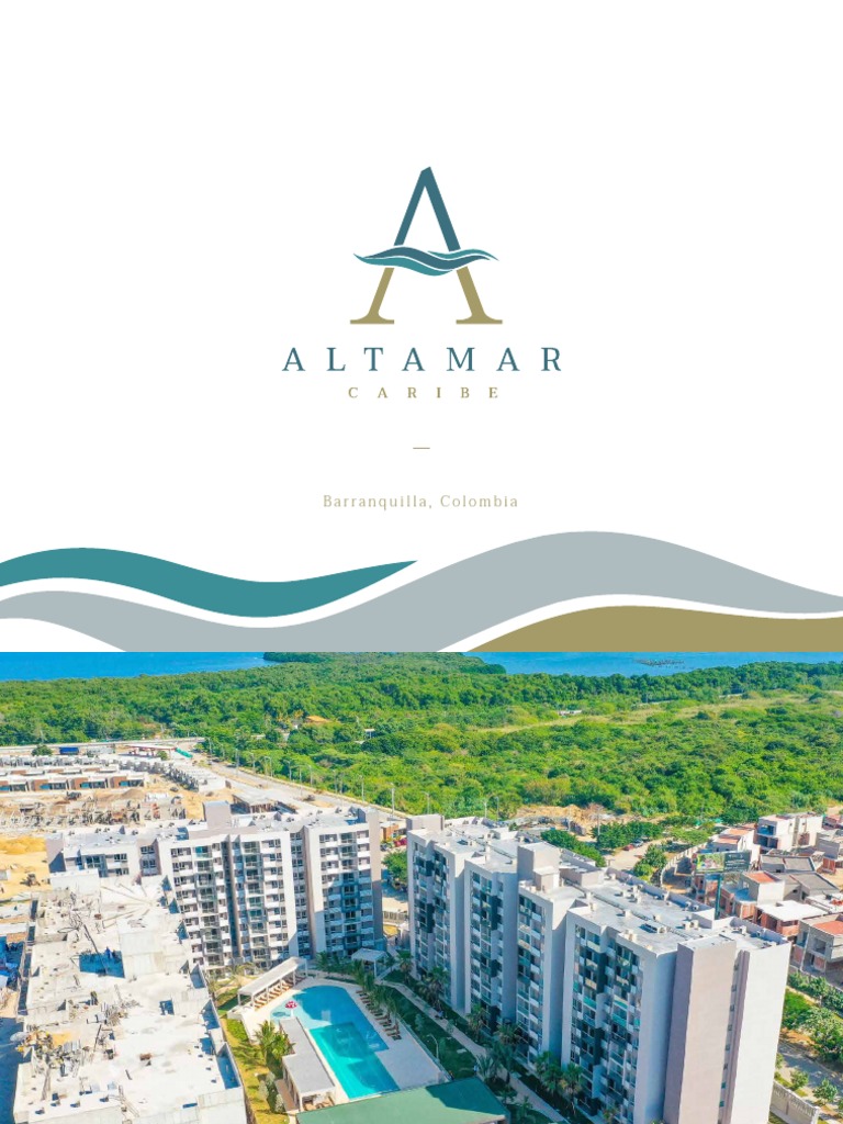 Vista aérea del proyecto residencial Altamar Caribe en Barranquilla, Colombia con detalles de ...