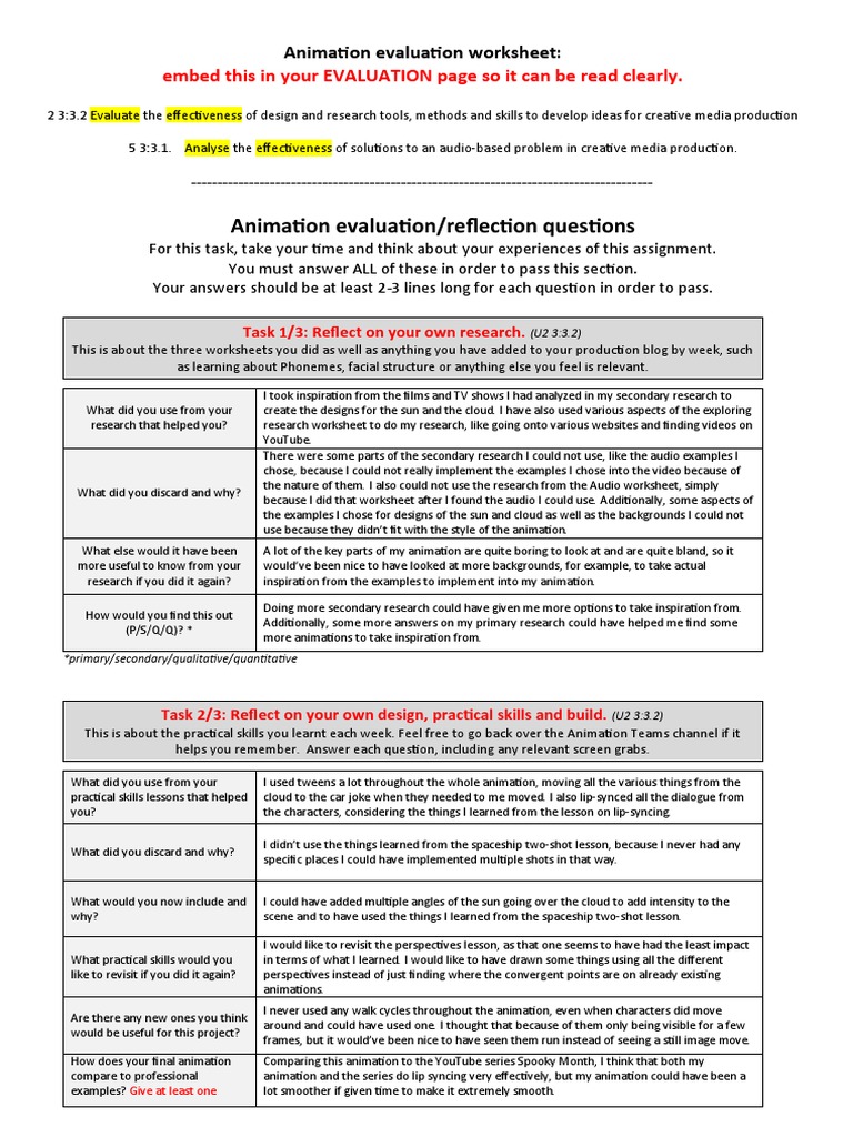 Animation Evaluation Worksheet 2223 | PDF | Worksheet | Cognition