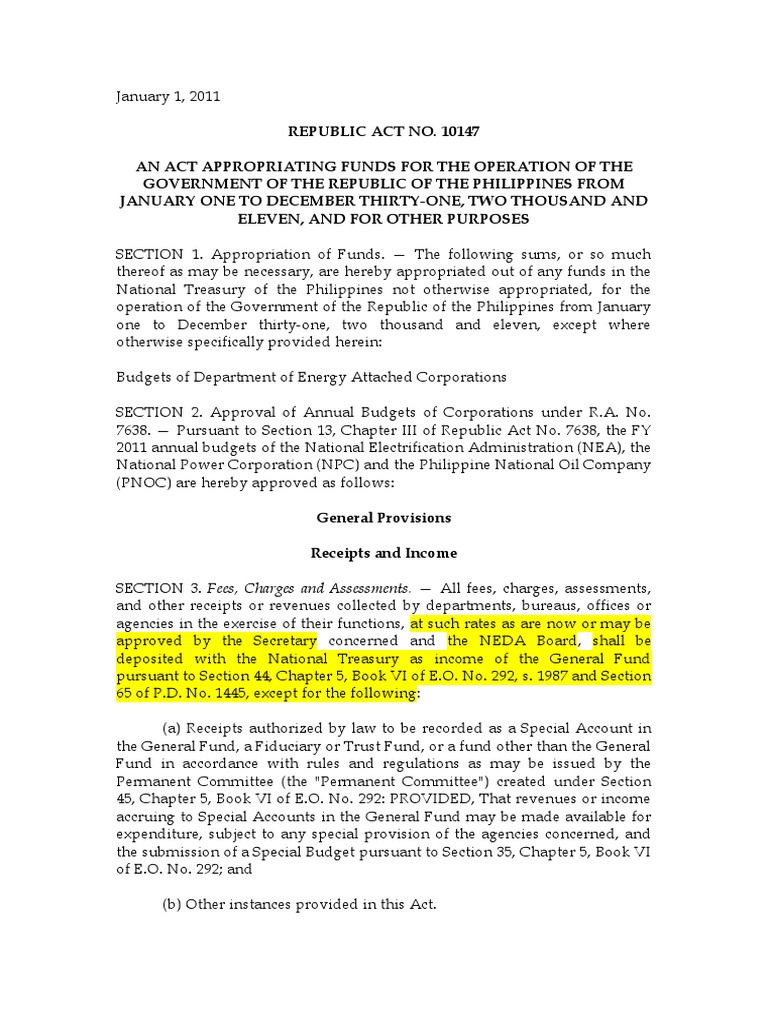 The 2011 Appropriations Act for the Operation of the Government of the ...